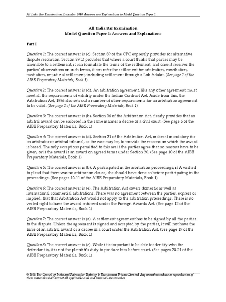 AIBE Model Paper 1 Answers and Explanations | PDF | Politics | Law