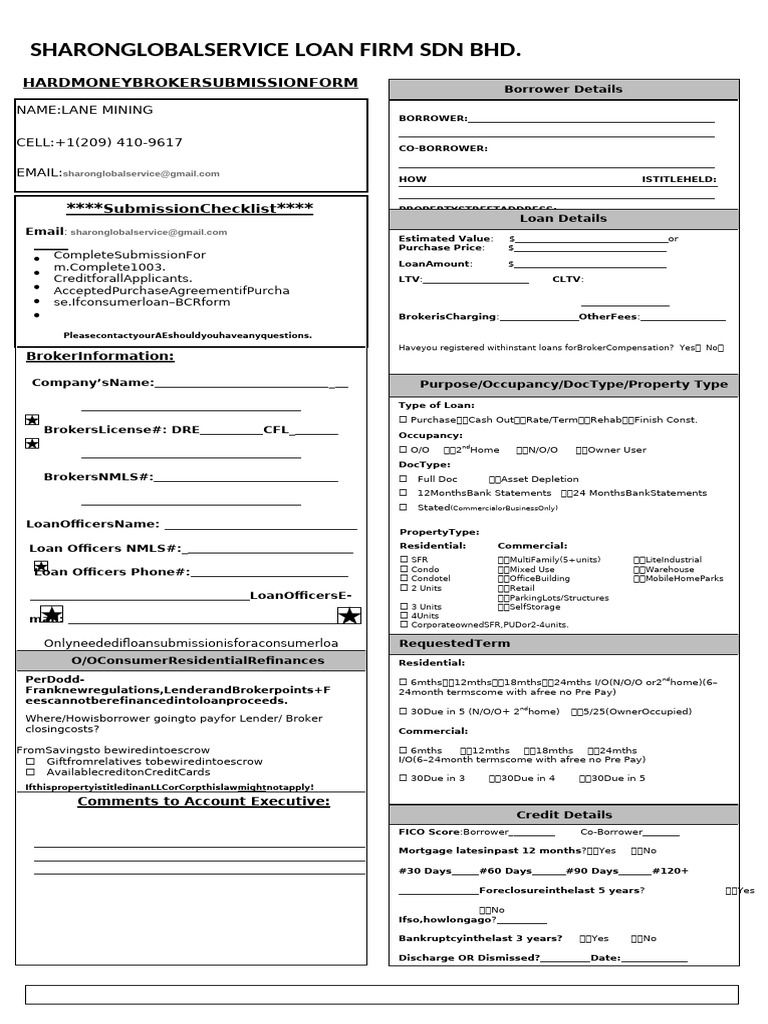 Hard Money Loan Broker Submission Form | PDF | Loans | Loan To Value Ratio