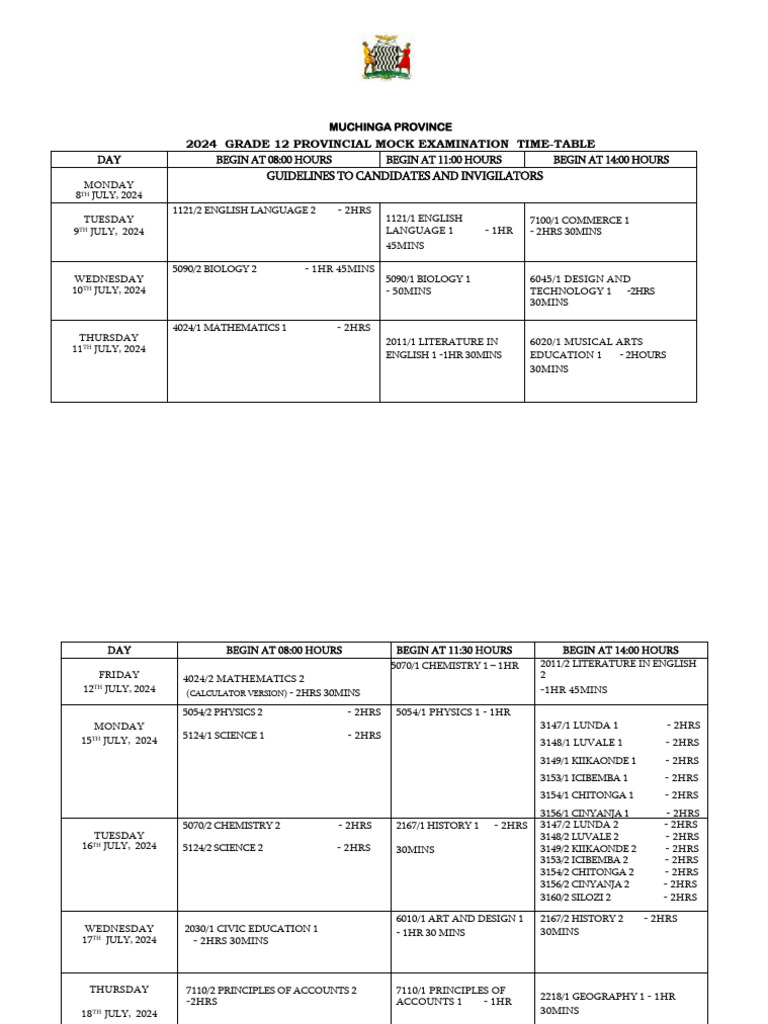 2024 Grade 12 Mock Exam Time Table | PDF | Science & Mathematics