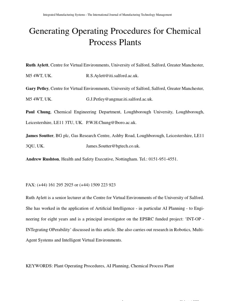 Generating Operating Procedures For Chemical Process Plants | PDF ...