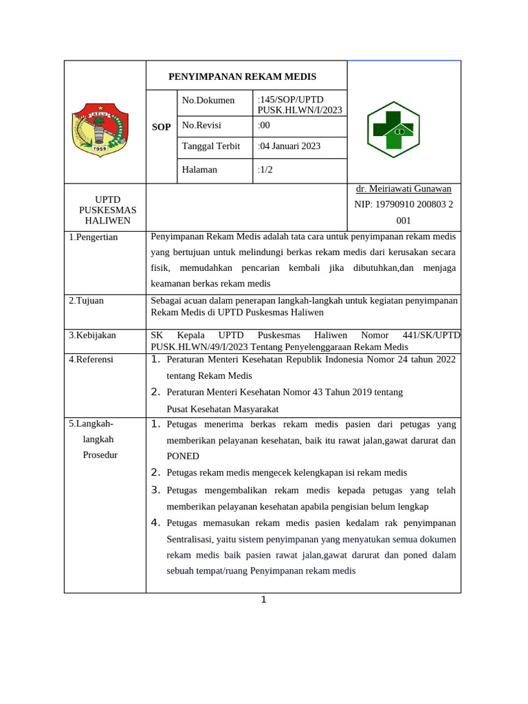 Sop Penyimpanan Rekam Medis (Edit) | PDF