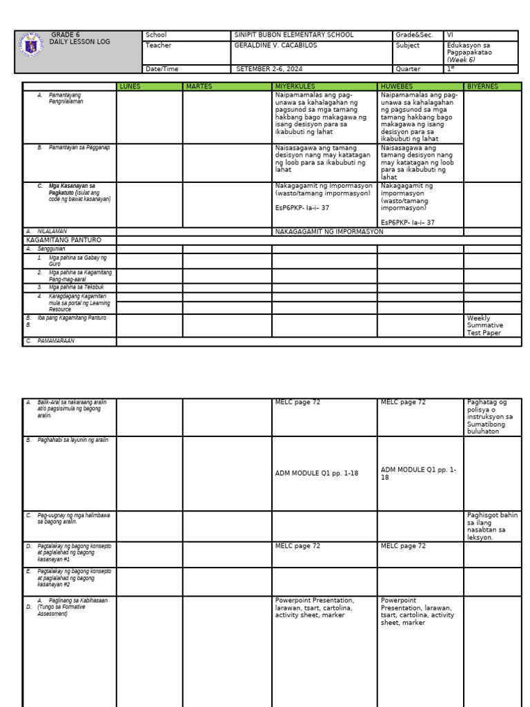 Q1 DLL Esp6 Week-6 | PDF