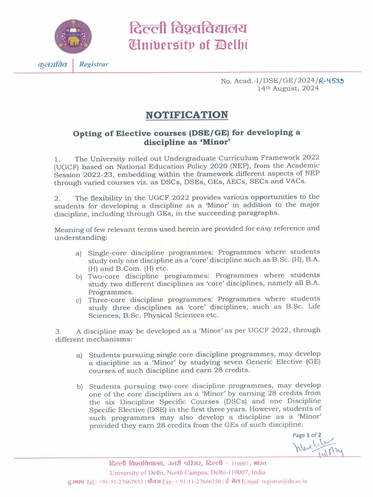 Notification - Opting of Elective Course (DSE - GE) For Developing A ...