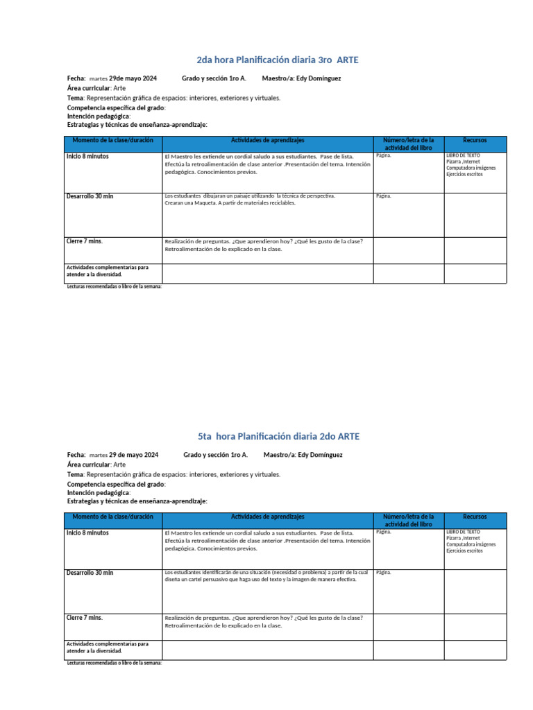 2da Hora Planificación Diaria 3ro ARTE 29 D Emarzo | PDF