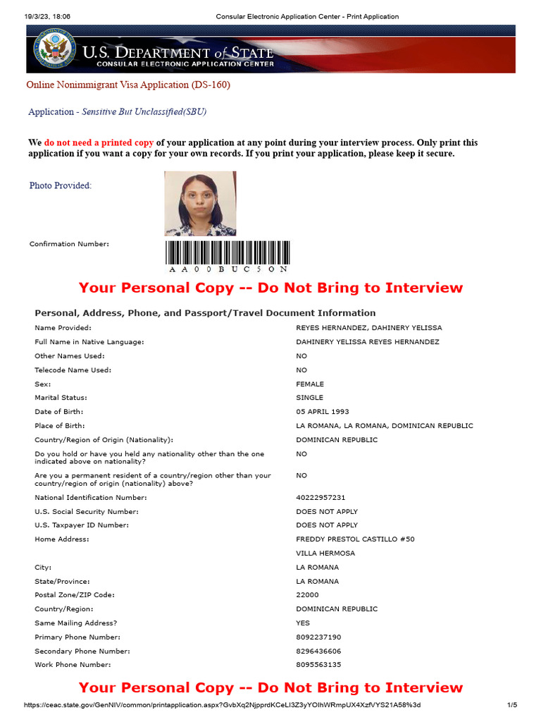 DahinerysConsular Electronic Application Center - Print Application | PDF