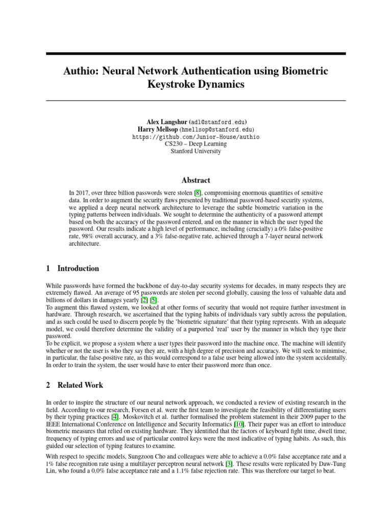 Authio: Neural Network Authentication Using Biometric Keystroke Dynamics | PDF