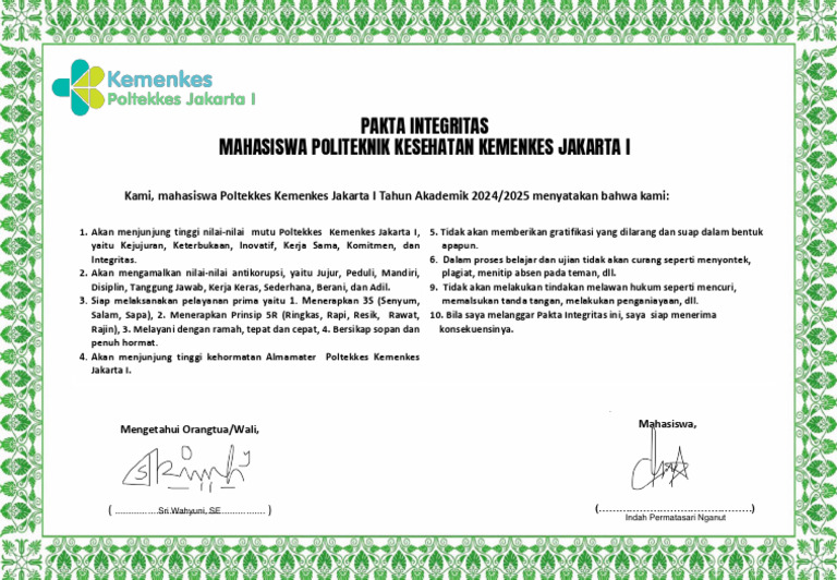 Pakta Integritas Mahasiswa Baru T.A. 2024-2025 - Individu Dan Ortu | PDF