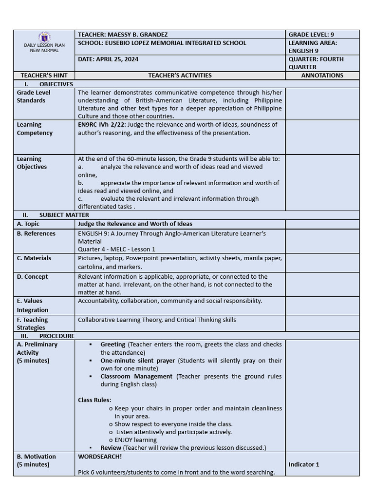 Grade 9 Lesson Plan Final Demo | PDF