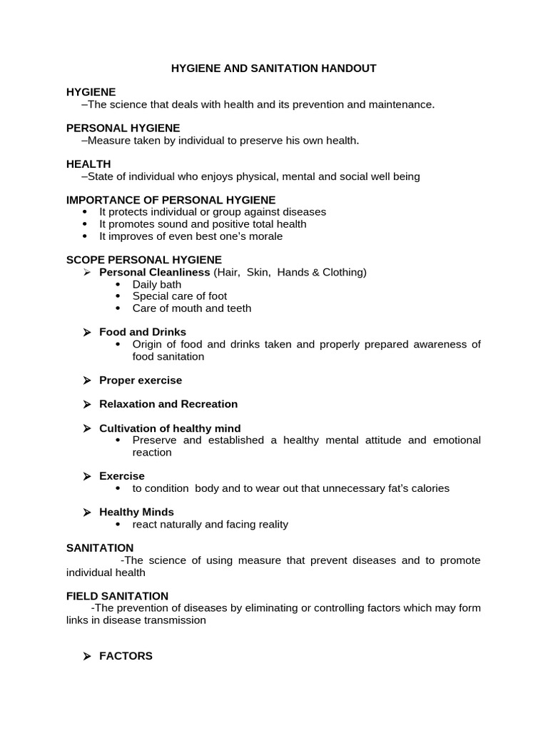 HYGIENE & SANITATION Handsouts Assestment | PDF
