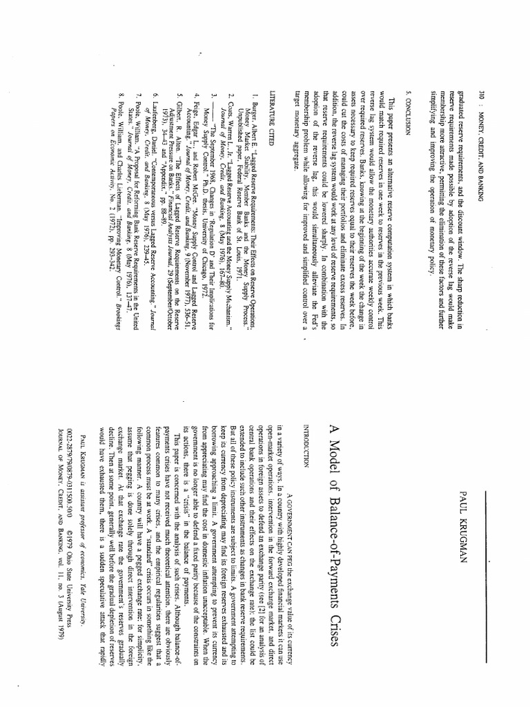 Krugman - A Model of BoP Crises | PDF