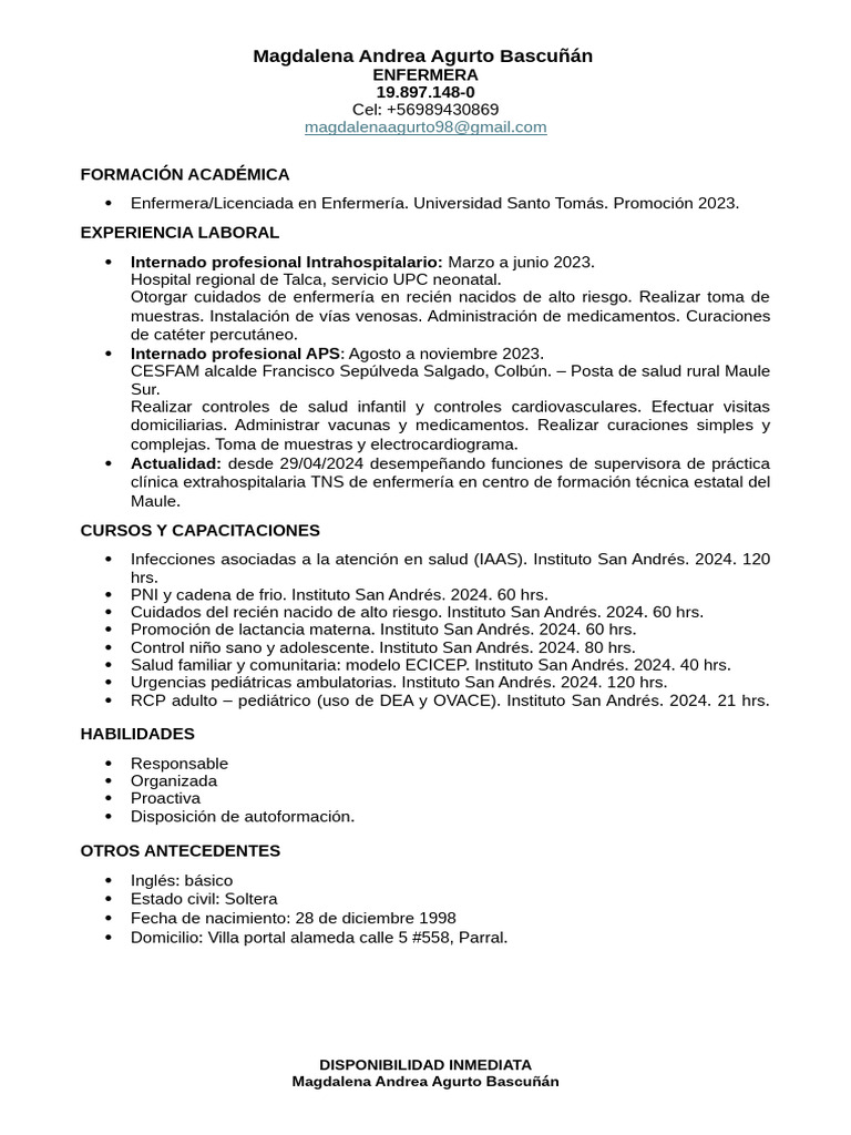 CV ENFERMERA Magdalena Agurto Bascuñán | PDF