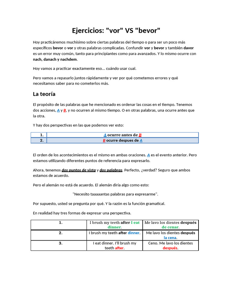Vor vs. Bevor - Alemán-Español | PDF | Oración (Lingüística) | Palabra