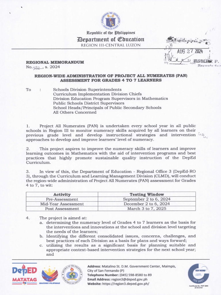 RM No. 582 s.2024 Region Wide Administration of Project All Numerates ...