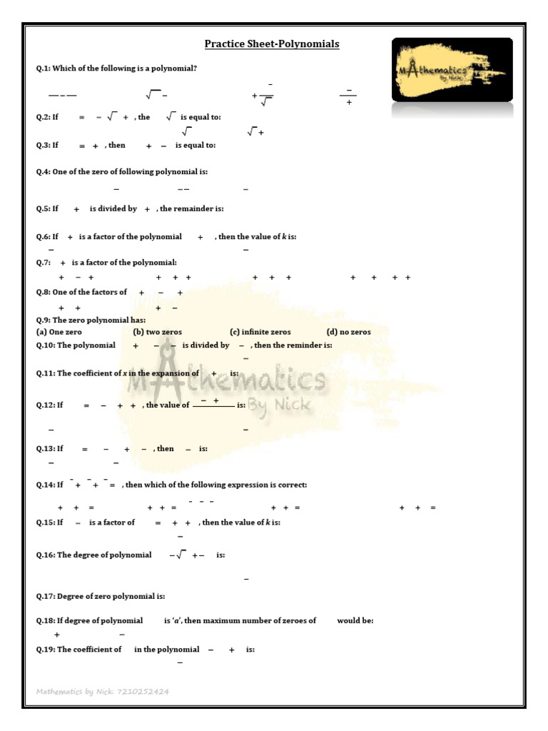 9 Class Polynomials MCQ Practice Sheet | PDF