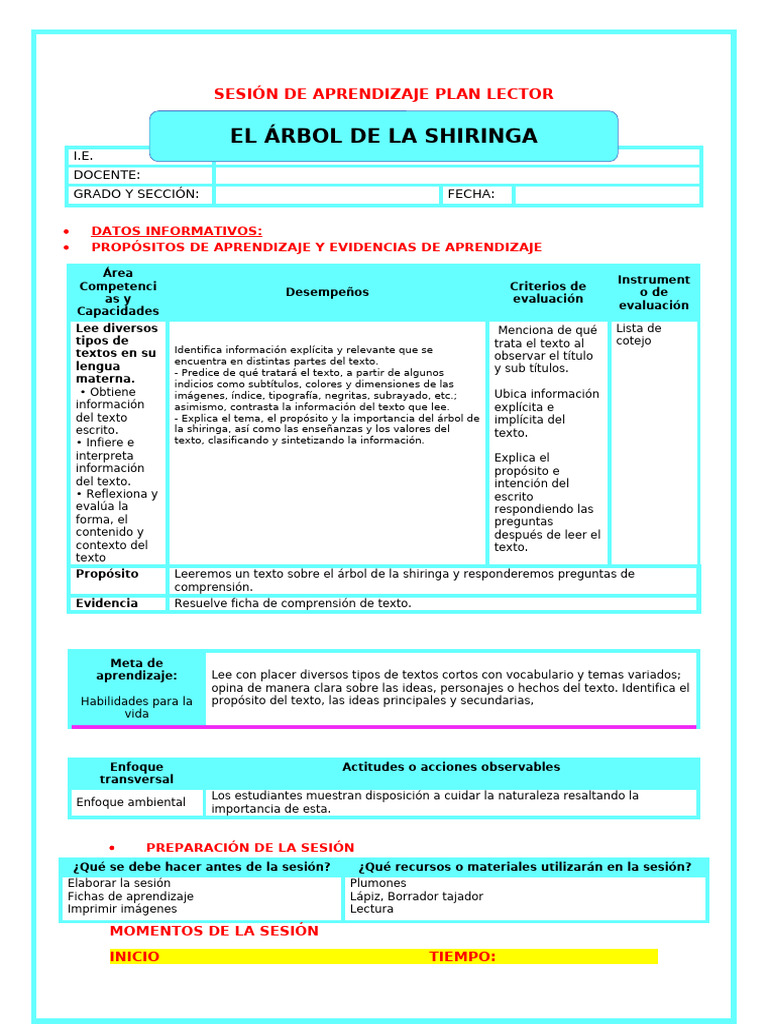 Ses Juev - Plan Lector - El Arbol de La Shiringa | PDF