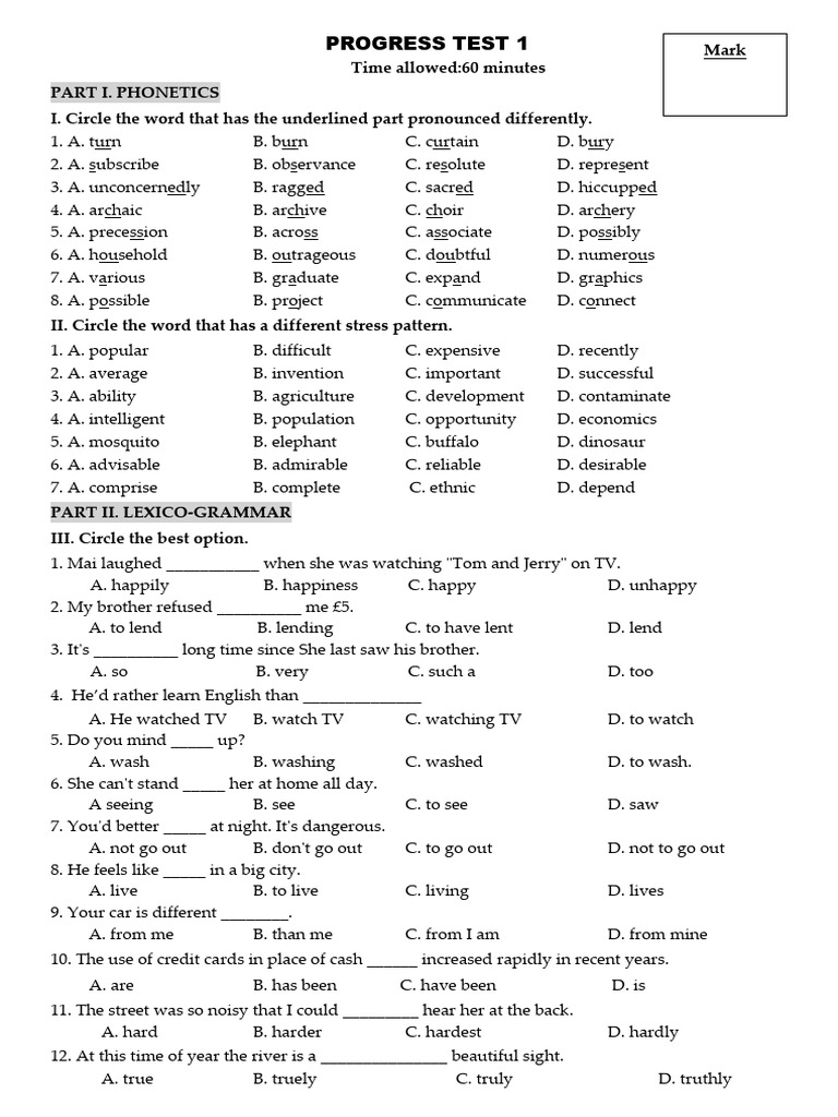 Progress Test 1 | PDF