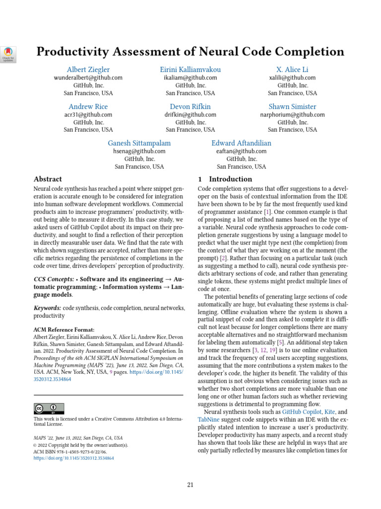 Productivity Assessment of Neural Code Completion | PDF