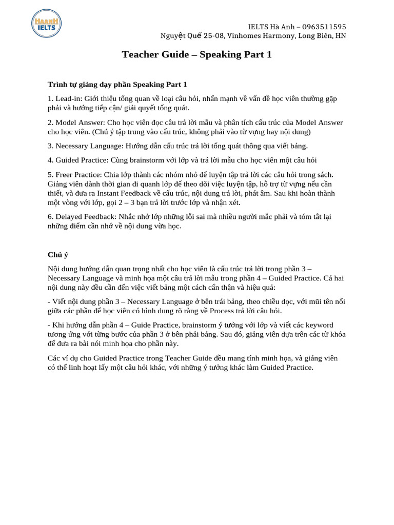 IELTS Speaking Part 1 Teacher Guide | PDF