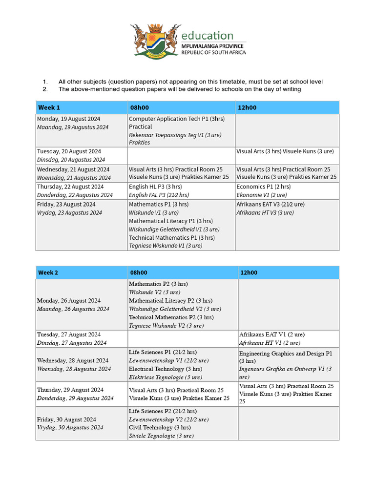 Mpumalanga Prelim Trial Exam 2024 Timetable | PDF