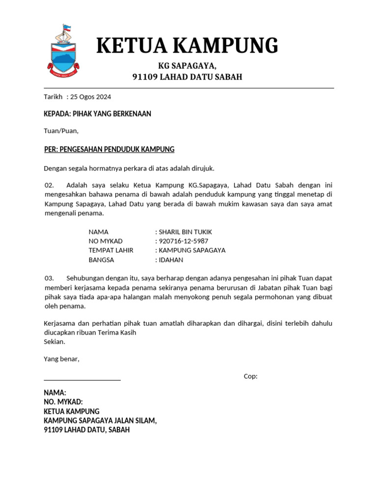 Templat Surat Pengesahan Penduduk Kampung Dan Slip Gaji | PDF