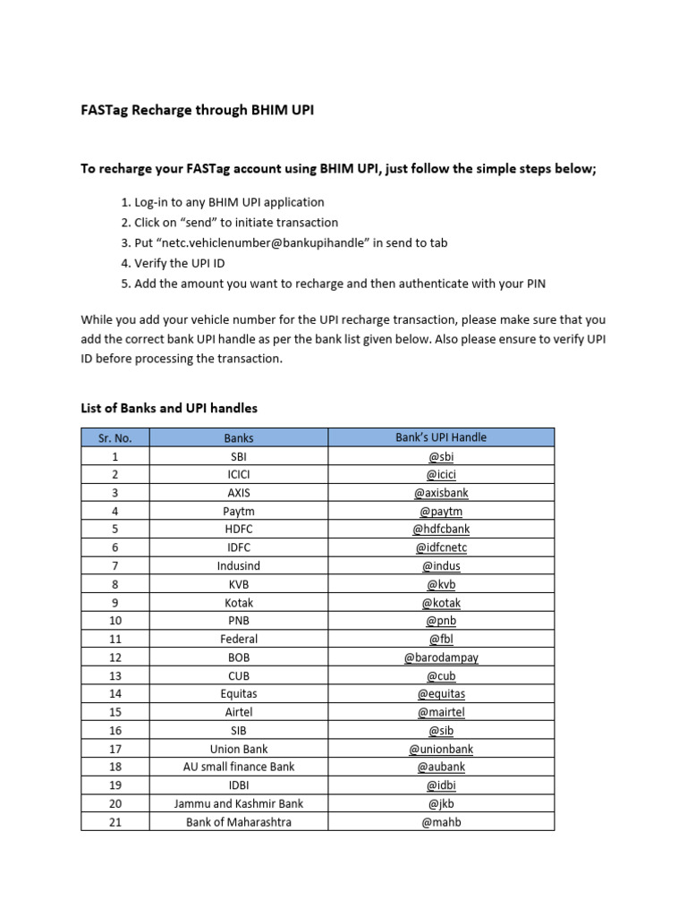 FASTag Recharge Through BHIM UPI | PDF | Financial Services | Banking ...