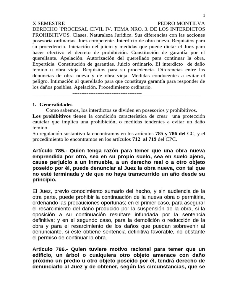 X Semestre. D.p.civil IV. Tema Nro. 3 Interdictos Prohibitivos | PDF