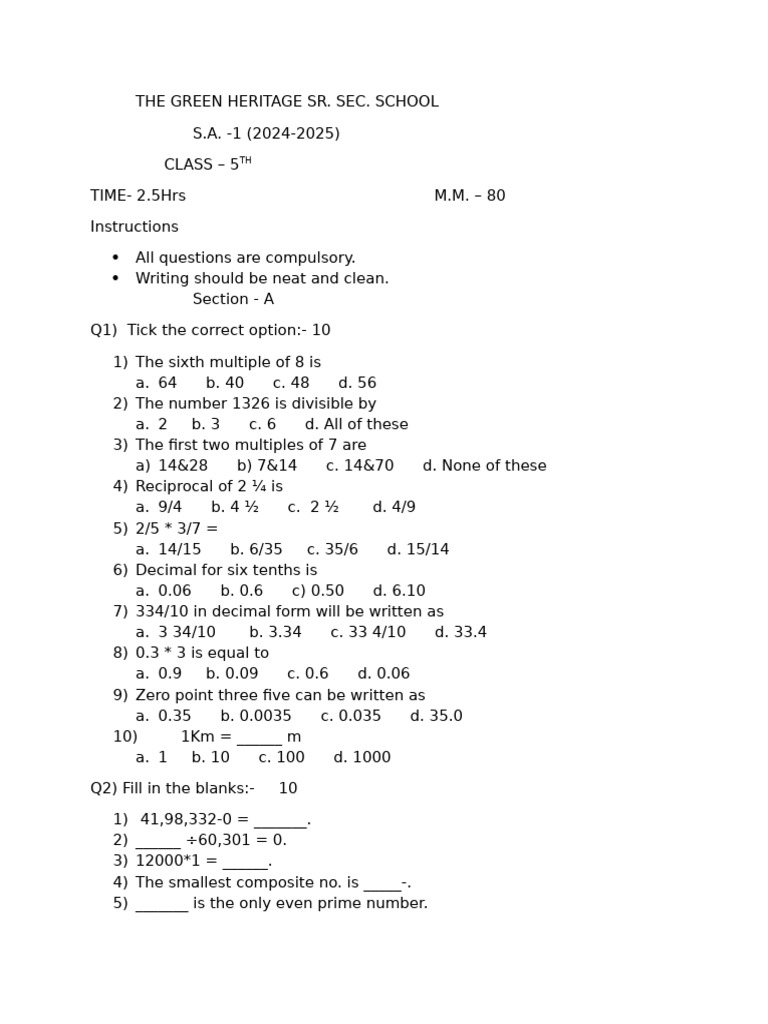 SA1 Maths Class 5 | PDF
