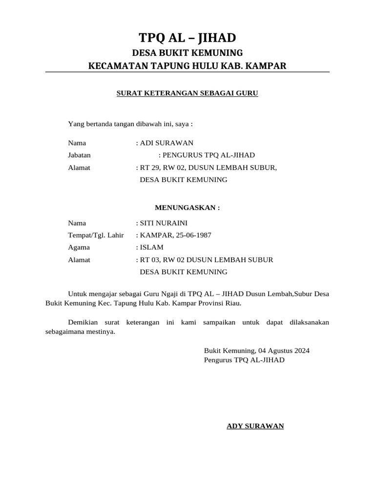 Surat Keterangan TPQ | PDF