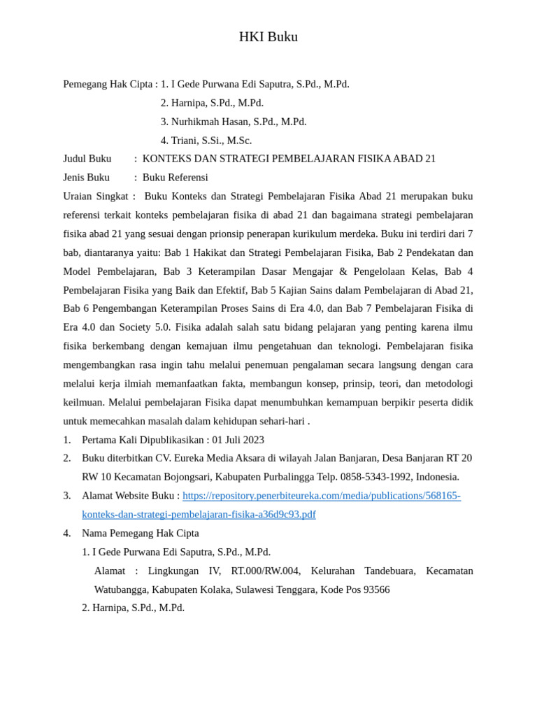 Data HKI Buku Strategi Pemb Fisika | PDF