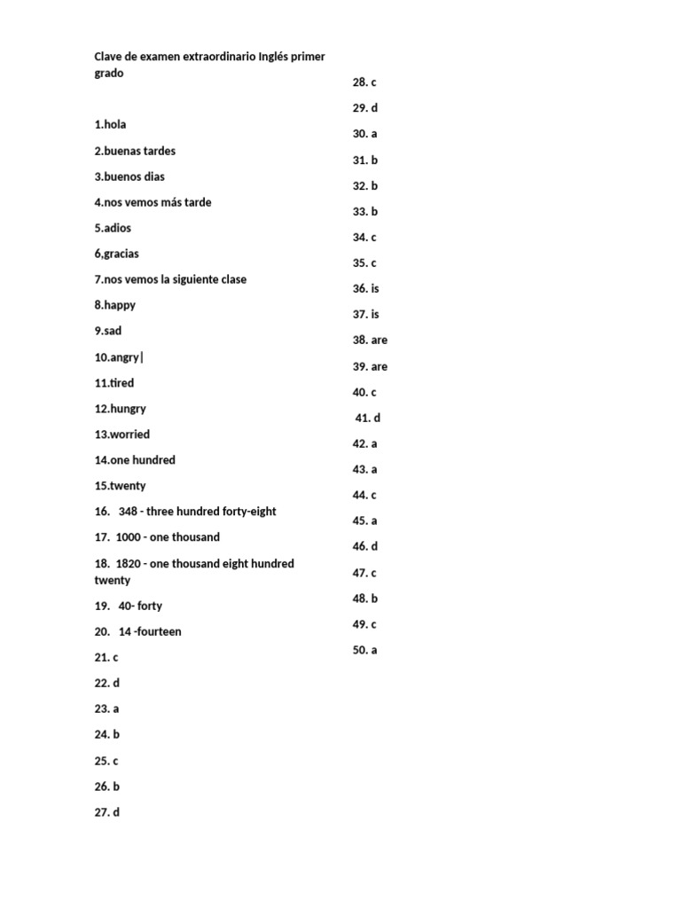 Clave de examen extraordinario Inglés primer grado | PDF