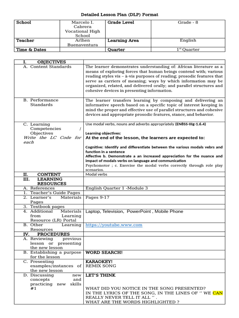 Detailed-Lesson-Plan-DLP-english Modal Verb | PDF