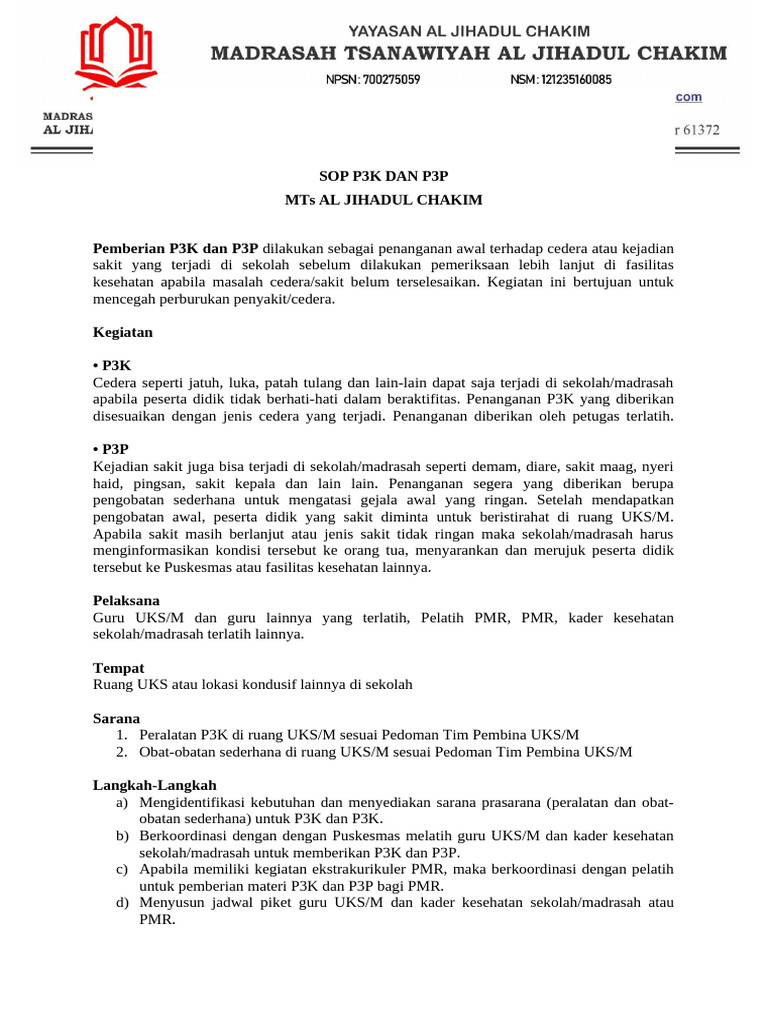 SOP Pelaksanaan P3K Disekolah | PDF