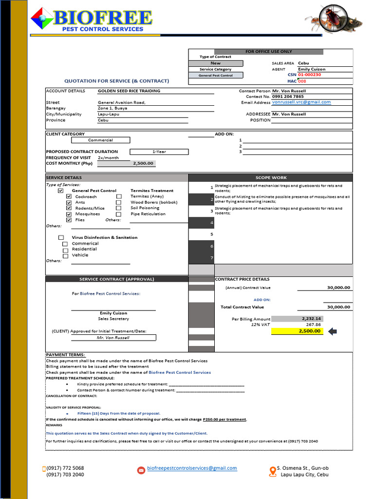 BIOFREE QUOTATION L GOLDEN SEED RICE TRADING L GEN. PEST CONTROL ...