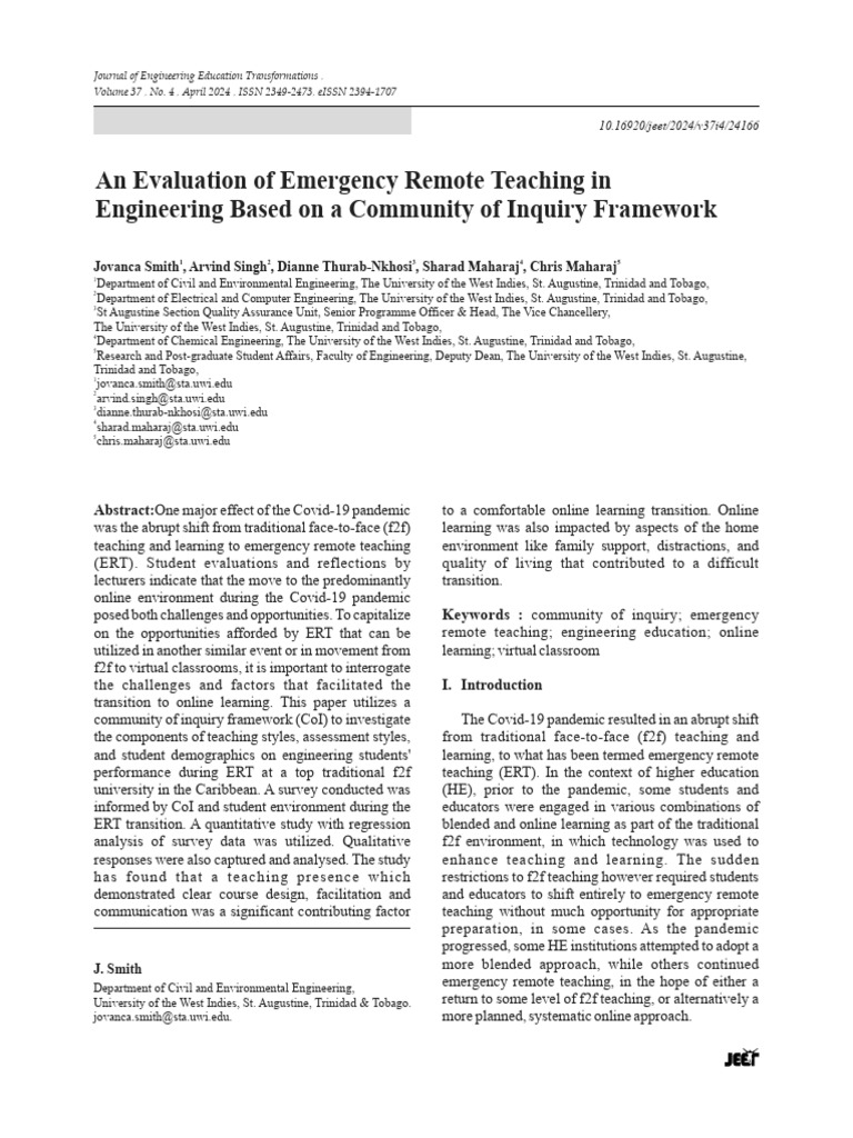 An Evaluation of Emergency Remote Teaching in Engineering Based On A ...