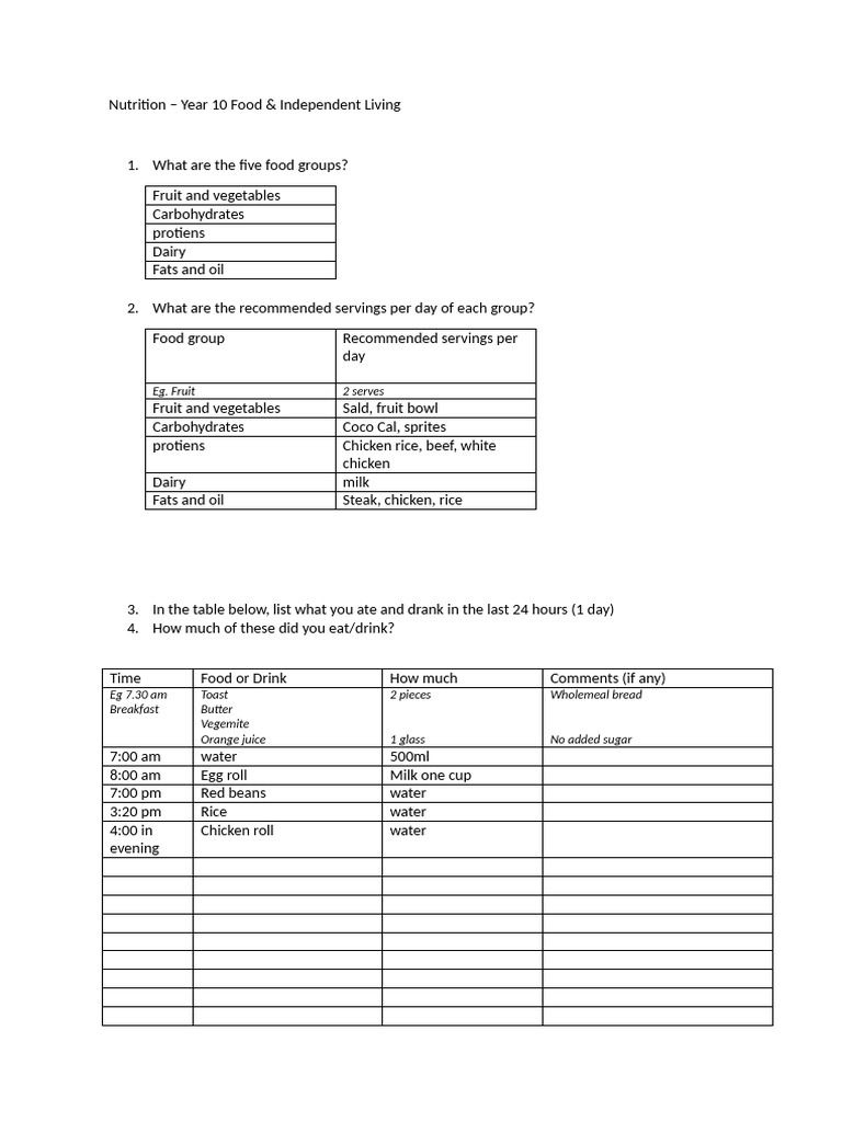 Nutrition worksheet - 5 food groups | PDF