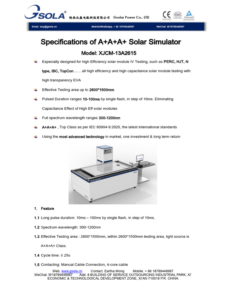 2 Specifications of Solar Simulator XJCM 13A2615 | PDF