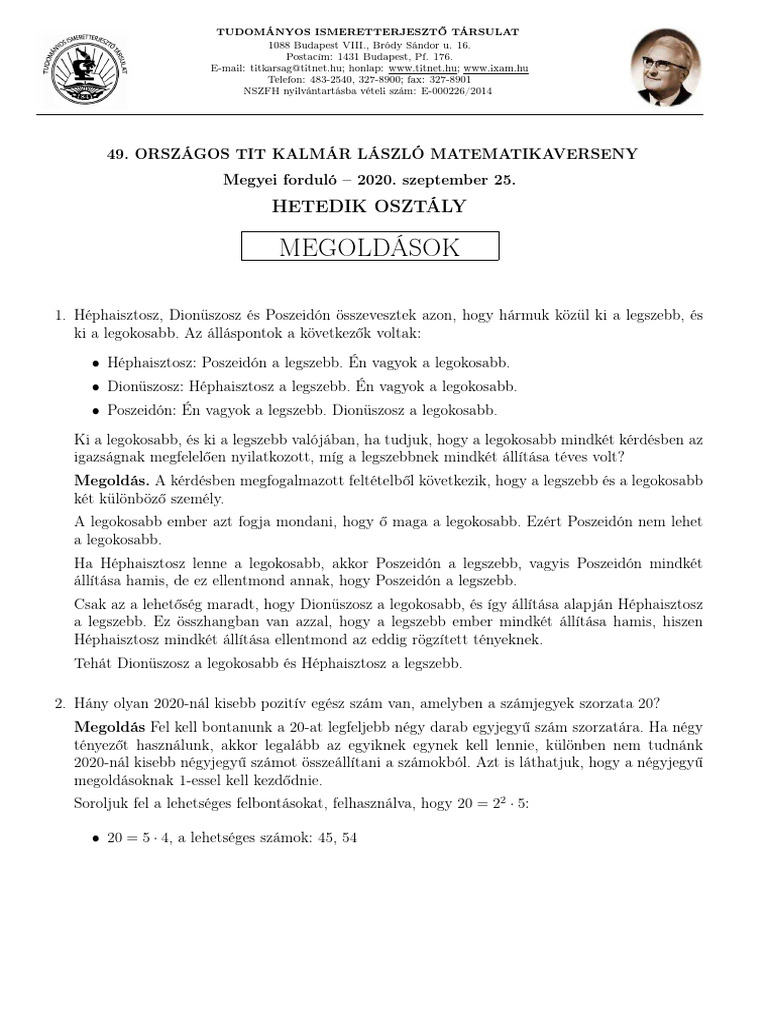 Osztályos Megyei Megoldás 2020 | PDF