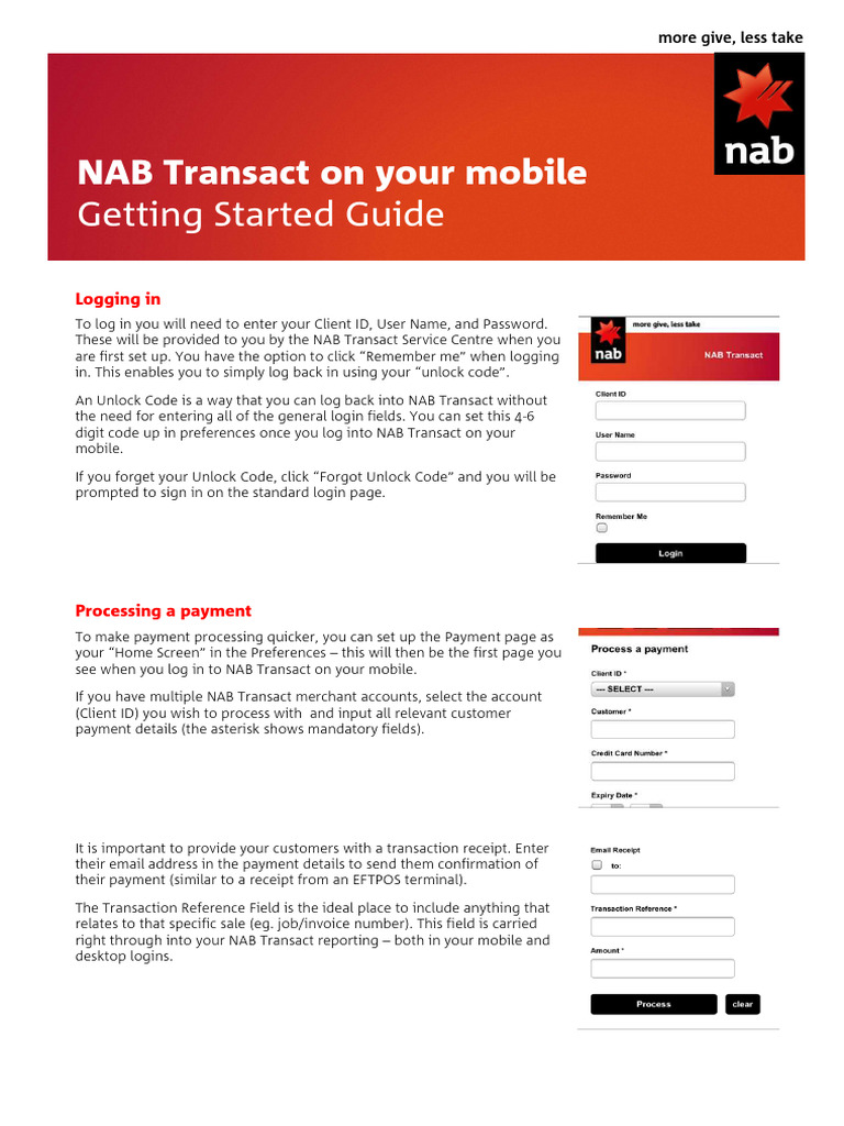 NAB Transact Mobile Getting Started Guide | PDF | Login | Receipt