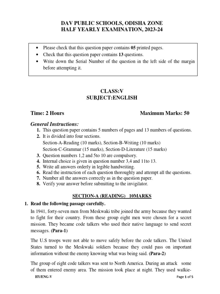 Assignment - STD V Half Yearly English Question Paper 2023-24 | PDF