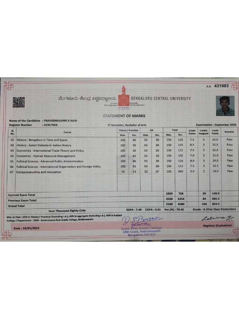 Marks Card 6th Sem | PDF