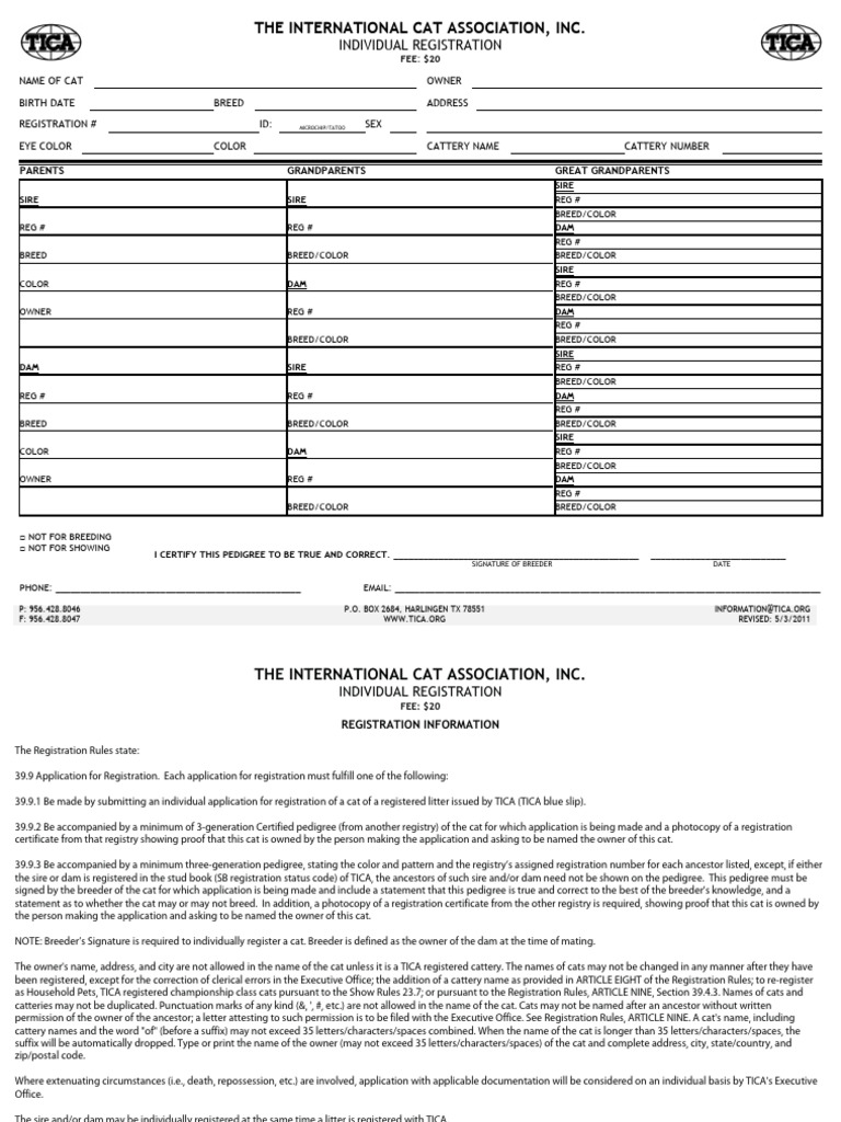 TICA Individual Cat Registration Form | PDF | Breeding | Domestication