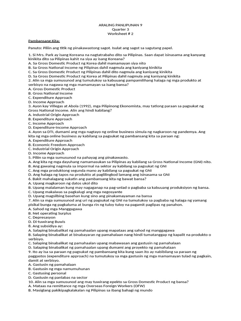 Quarter 3 Worksheet 2 Pambansang Kita | PDF