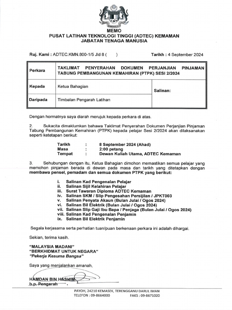Taklimat Penyerahan Dokumen PTPK Sesi 2.2024 | PDF