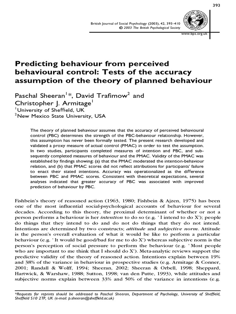 Testing Perceived Control in Behavior Prediction | PDF | Intention ...