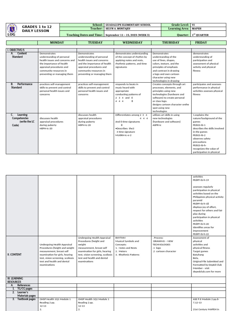 DLL - MAPEH 6 - Q1 - W3 Ok | PDF