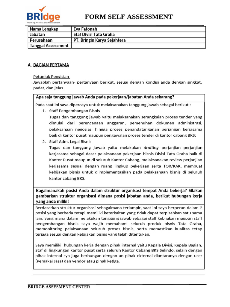 Form Self Assessment - BRIDGE - EVA | PDF | Quality | Career & Growth