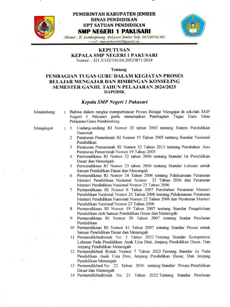 SK Pembagian Jam Mengajar Dapodik Ganjil 20242025 | PDF