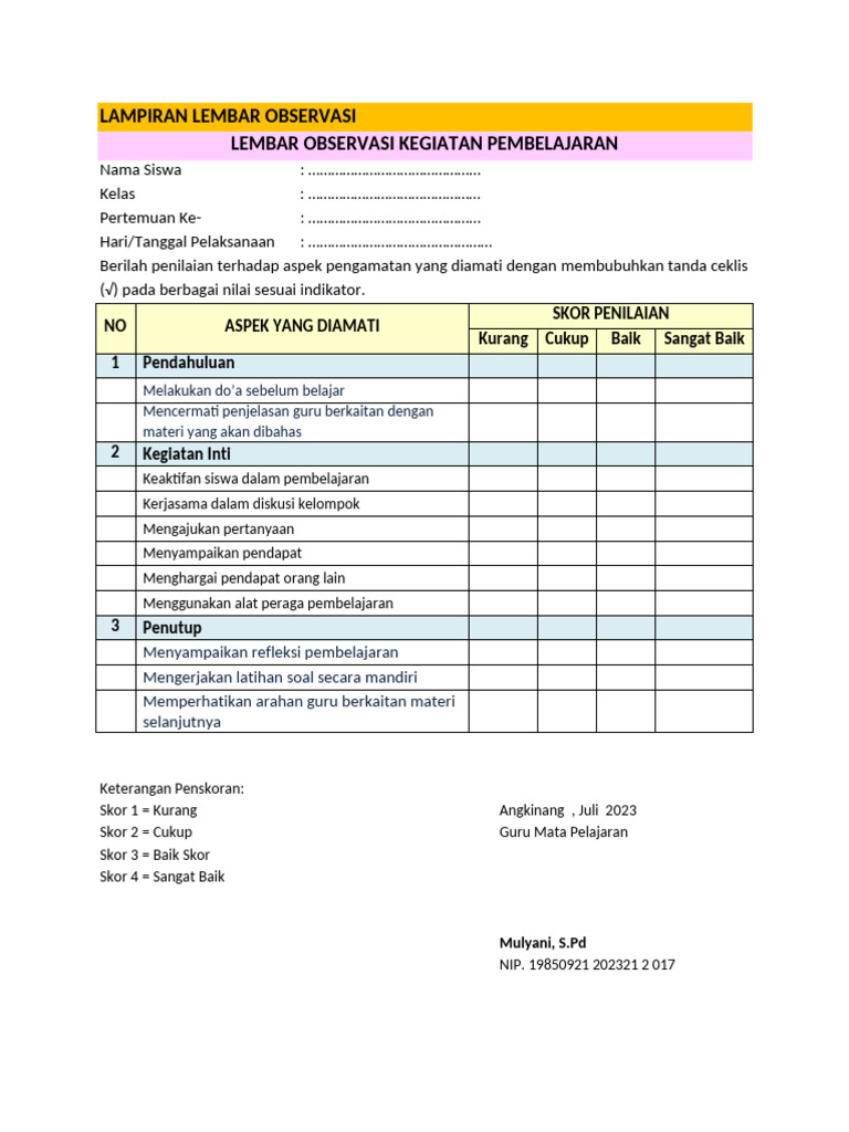 Lampiran Lembar Observasi | PDF