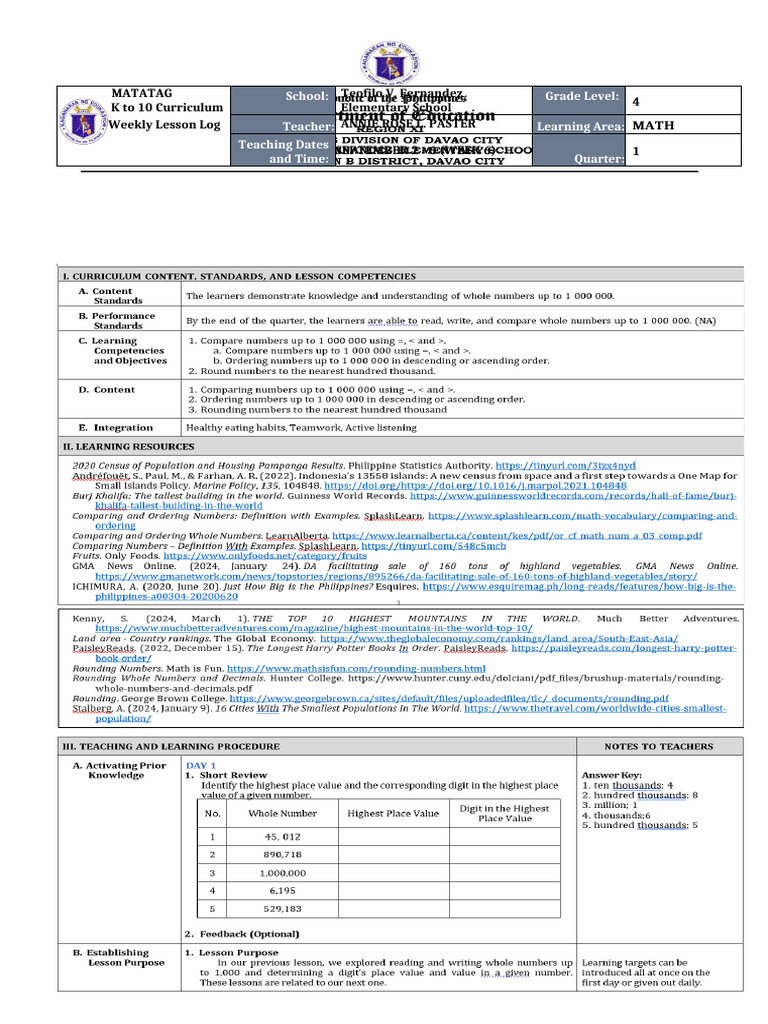 DLL Matatag - Math 4 Q1 Week 6 | PDF