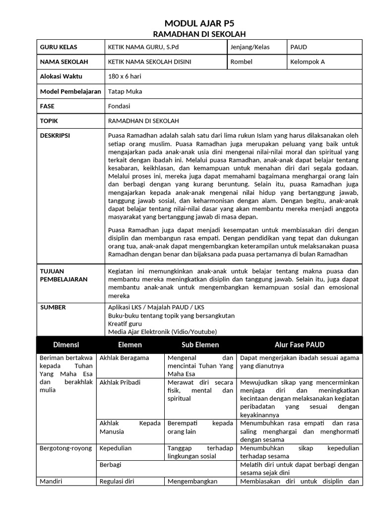 MODUL P5 Ramadhan Di Sekolah PAUD | PDF